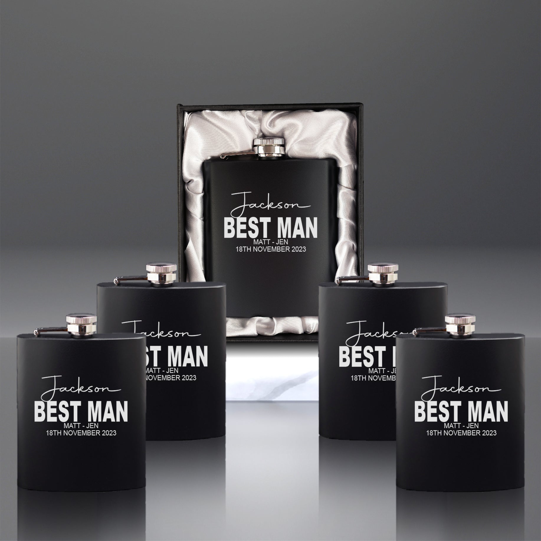 Wedding Bridal Party Flask Gift Bundle - 5 Flasks in Luxury Gift Boxes ...