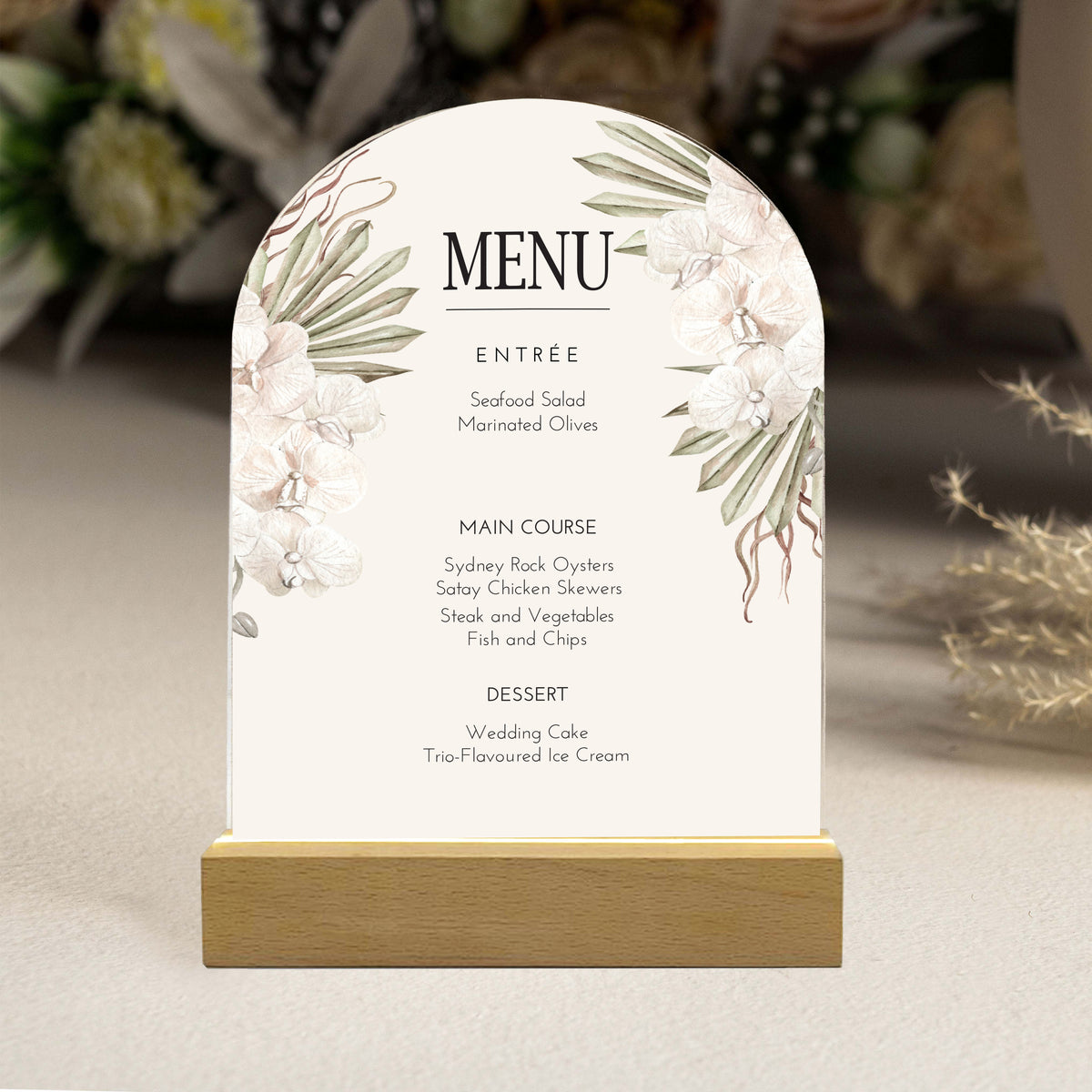 Rounded Acrylic Floral Wedding Table Menu with Stand | Givi Gifts