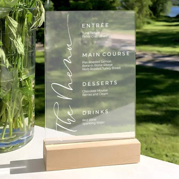 Minimalist Acrylic Wedding Table Menu with Wooden Stand | Givi Gifts