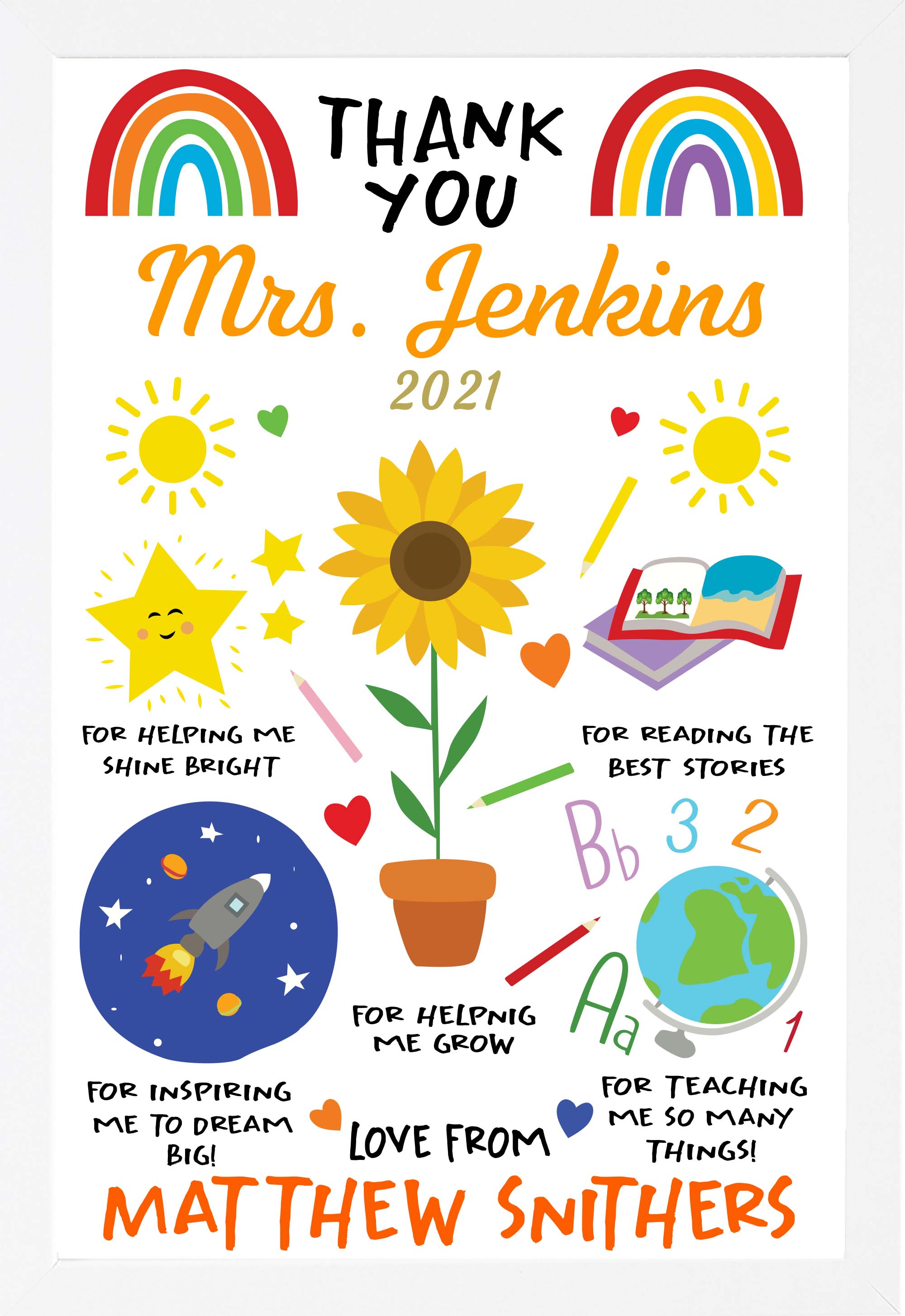 Teacher Appreciation Sunflower Thank You Print + Frame | Givi Gifts