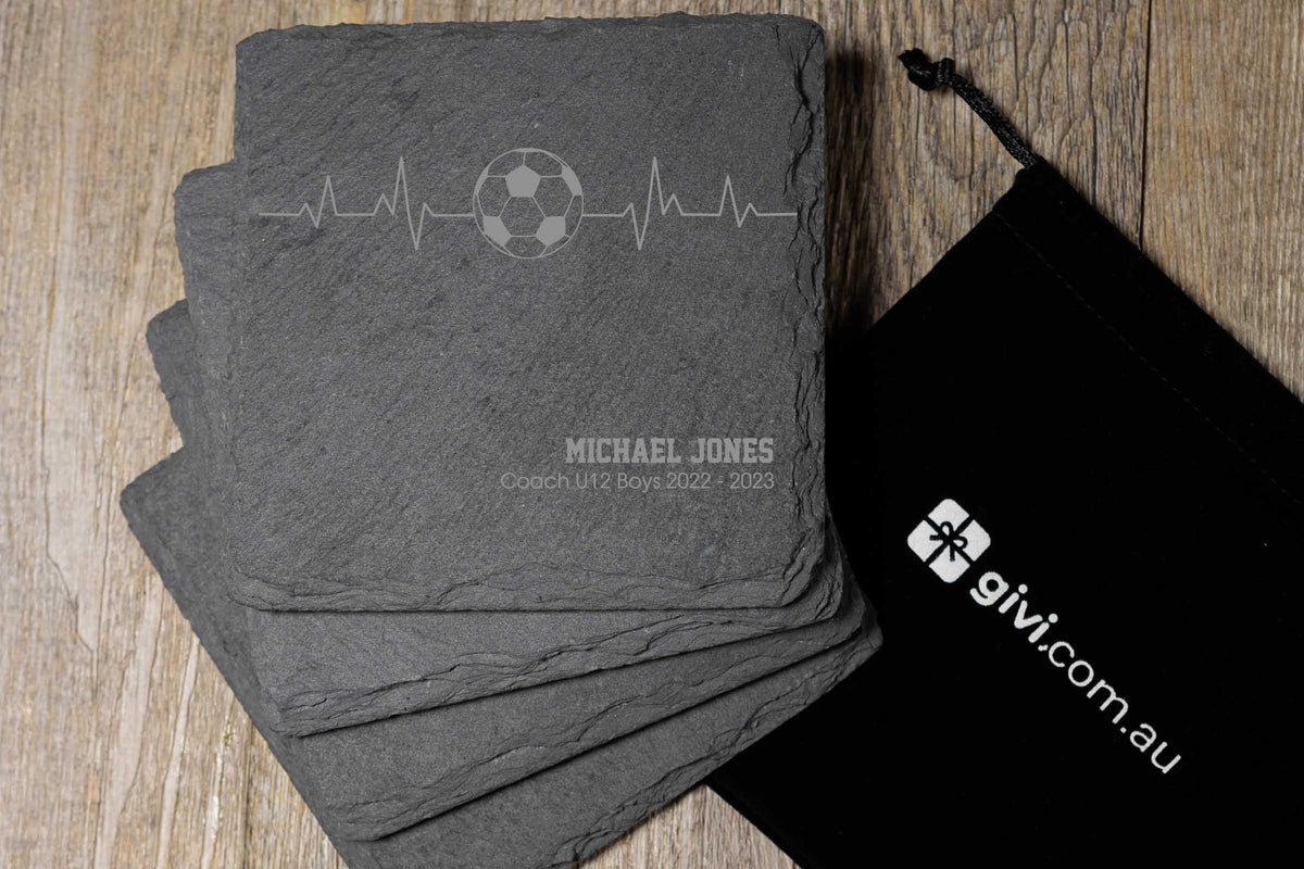Personalised Soccer Heartbeat Slate Coasters - Set of 4 | Givi Gifts