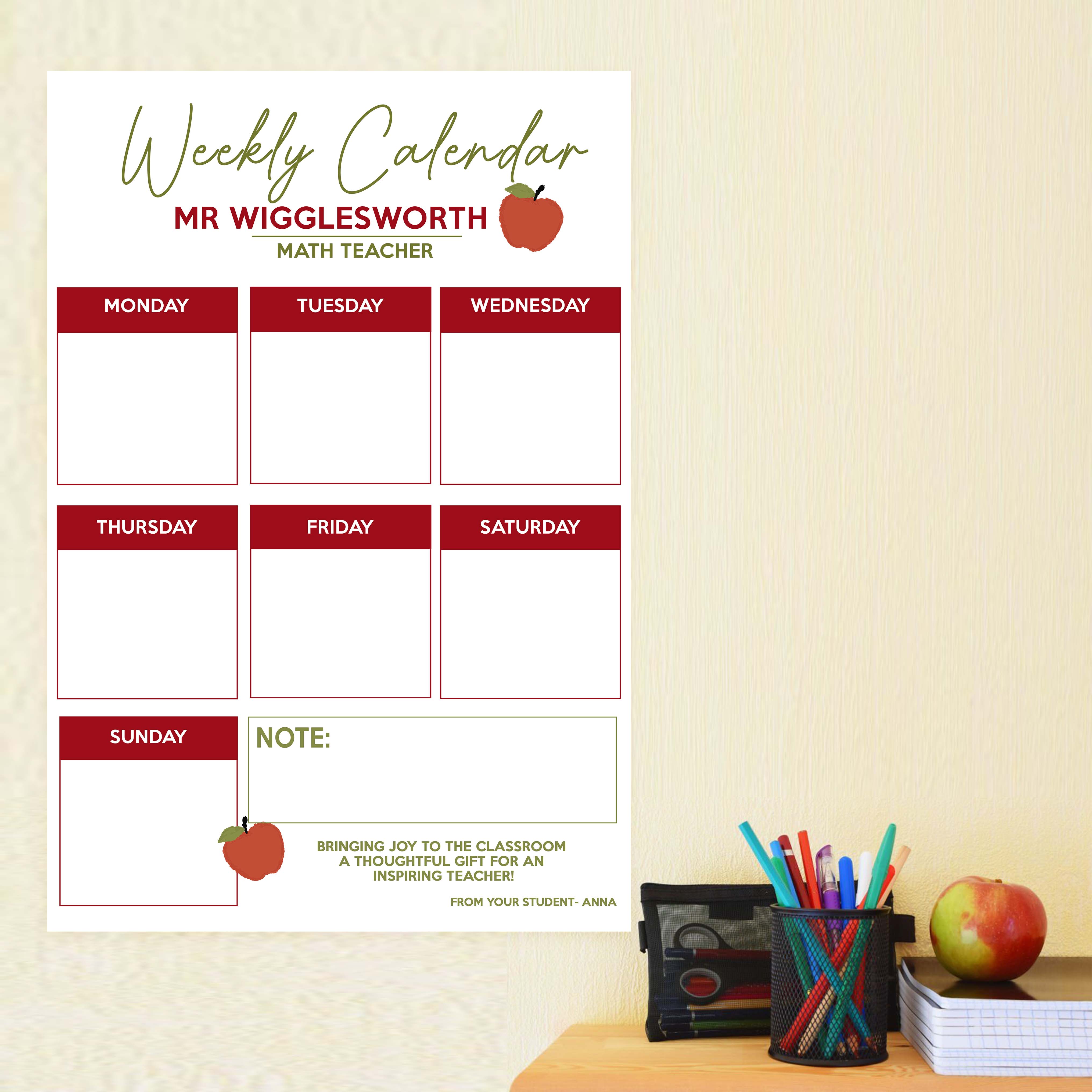 Personalised Printed Acrylic Classroom Weekly Calendar | Givi Gifts